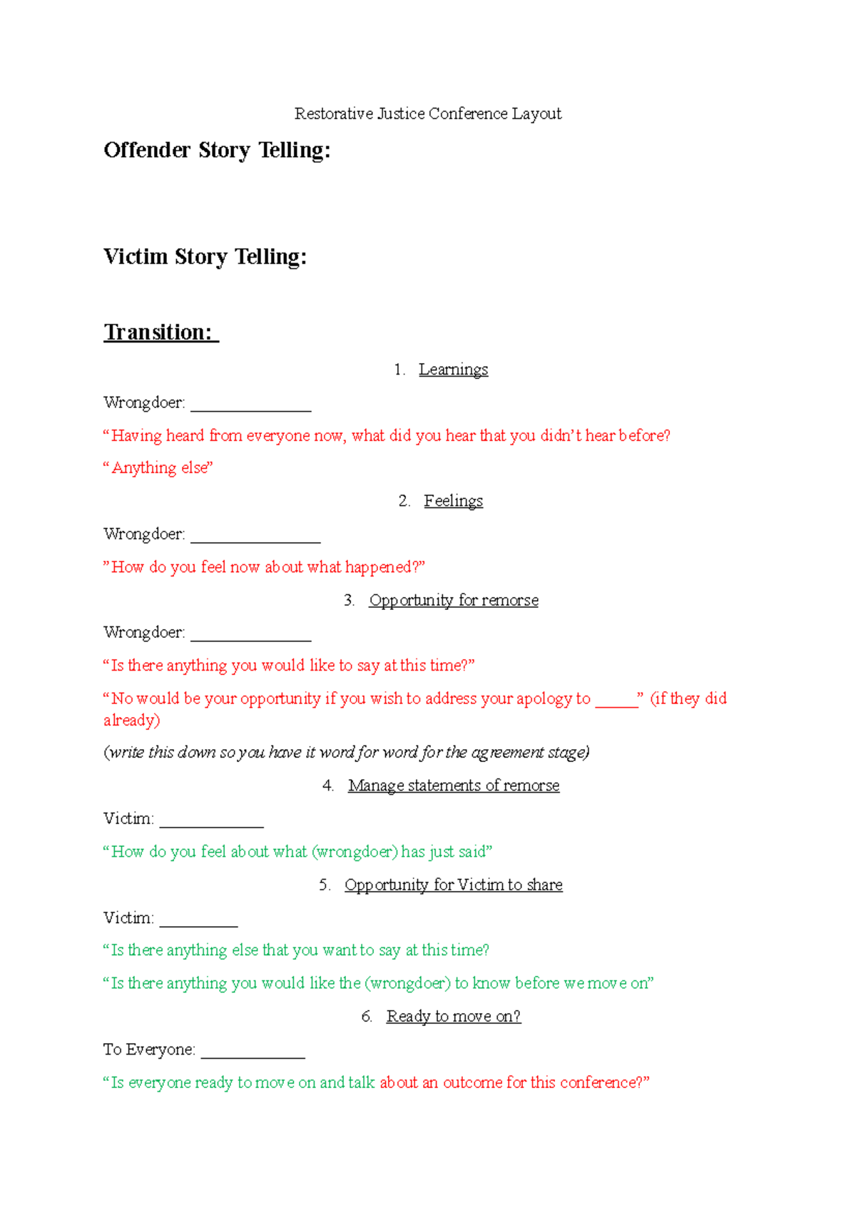 Restorative Justice Conference Template - Restorative Justice ...