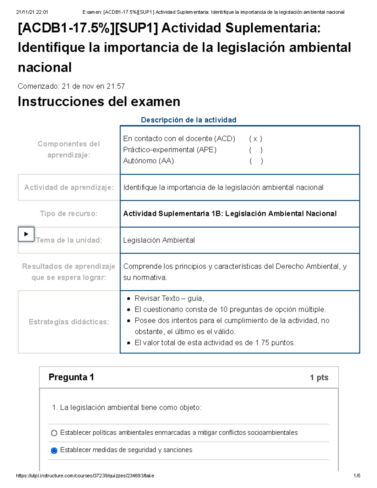 Suple DER Ambiental Actividad Suplementaria Identifique la importancia de la legislación ...