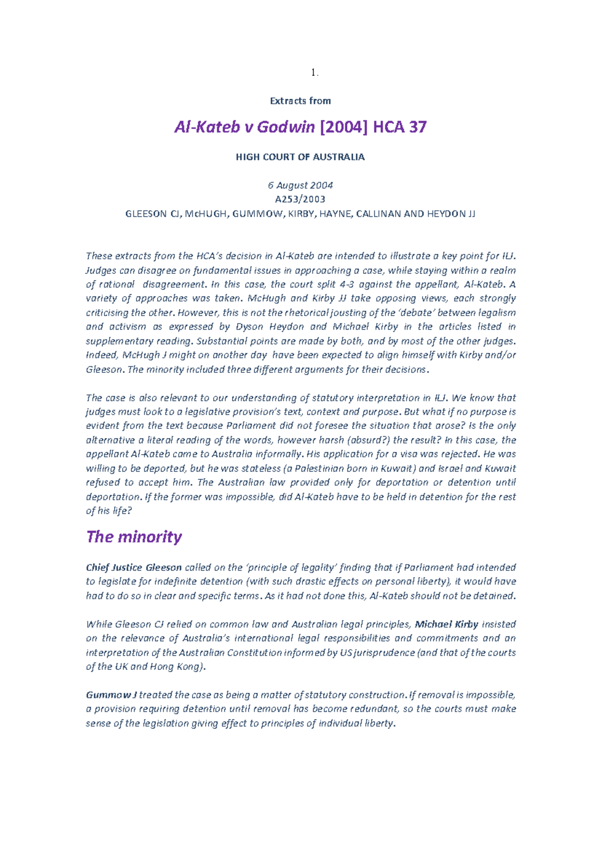 Al-Kateb v Godwin extracts - Extracts from Al-Kateb v Godwin [2004] HCA ...