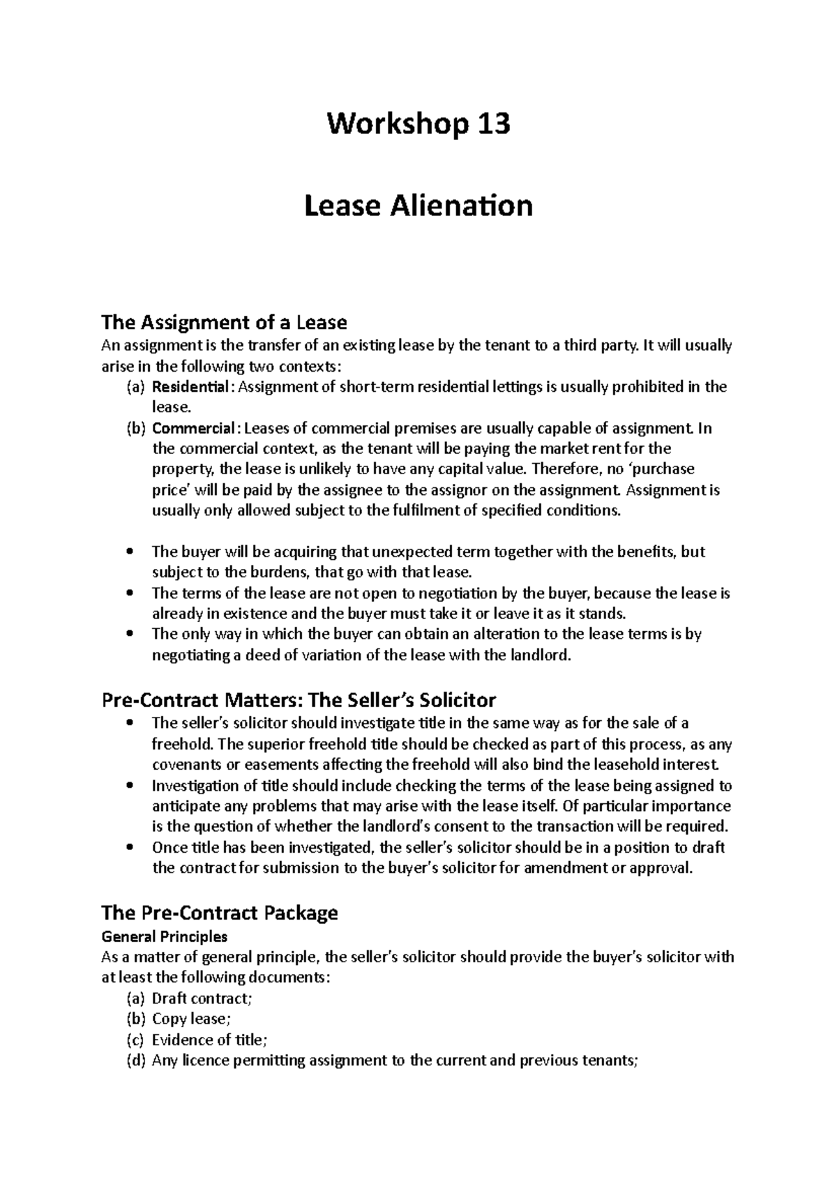 Workshop 13 - Lease Alienation - Workshop 13 Lease Alienation The ...