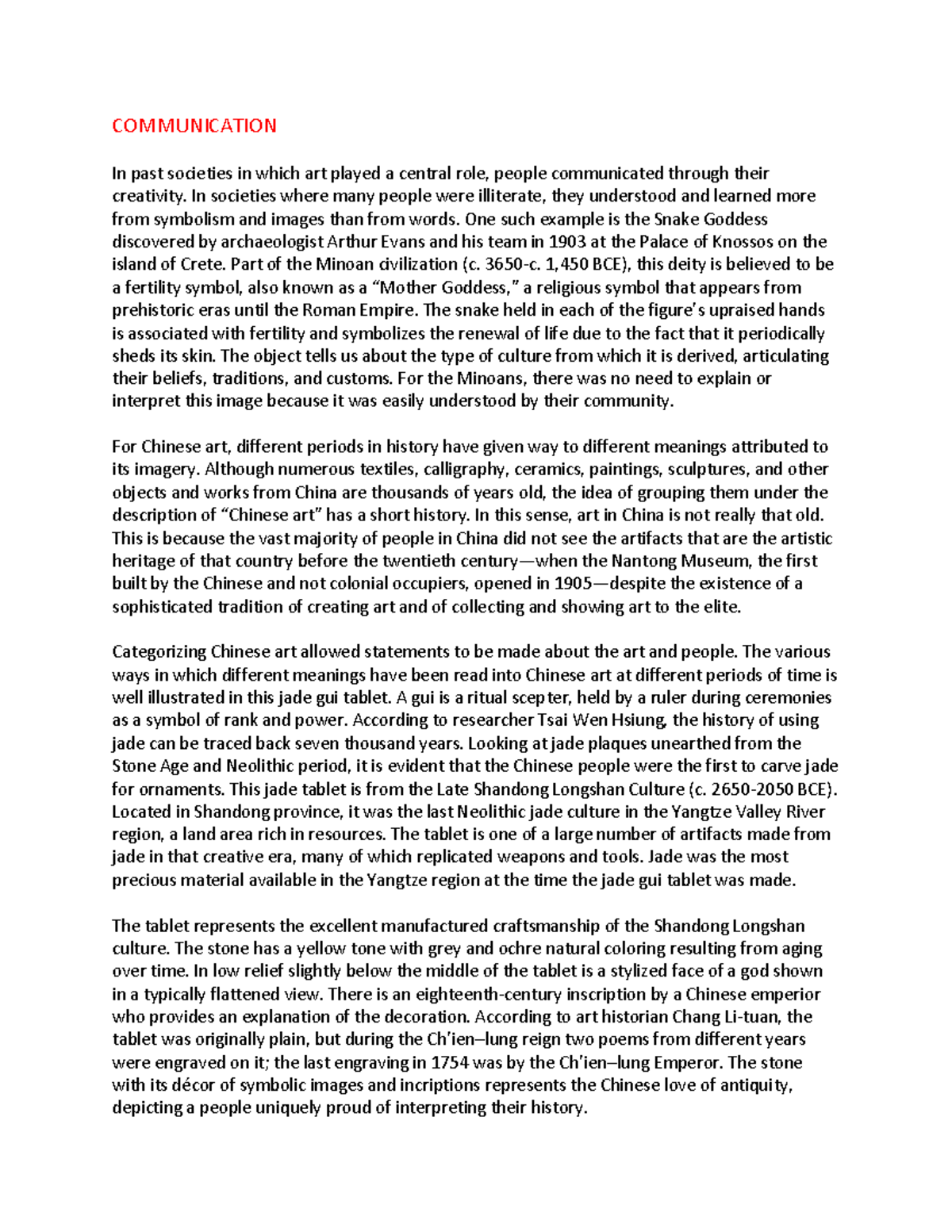 Communication - COMMUNICATION In past societies in which art played a ...