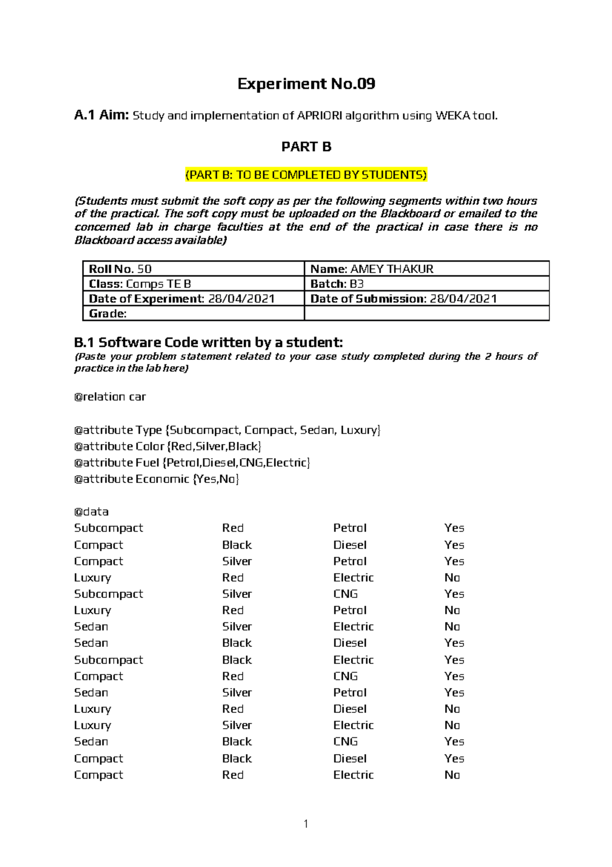 Amey B-50 DWM Lab Experiment-9 - Experiment No. A Aim: Study and implementation of APRIORI ...