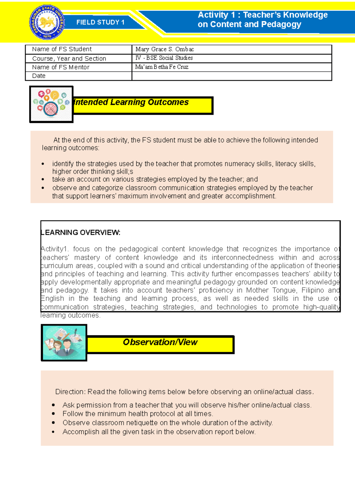 B FS1 Activity 1 updated - Name of FS Student Mary Grace S. Ombac ...