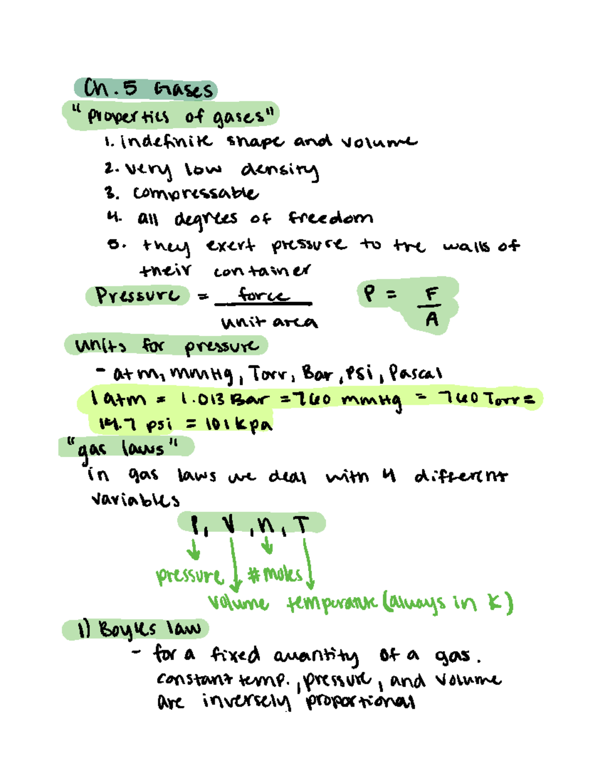 CH - Lecture notes 5 - Ch 5 Gases properties of gases 1 indefinite ...