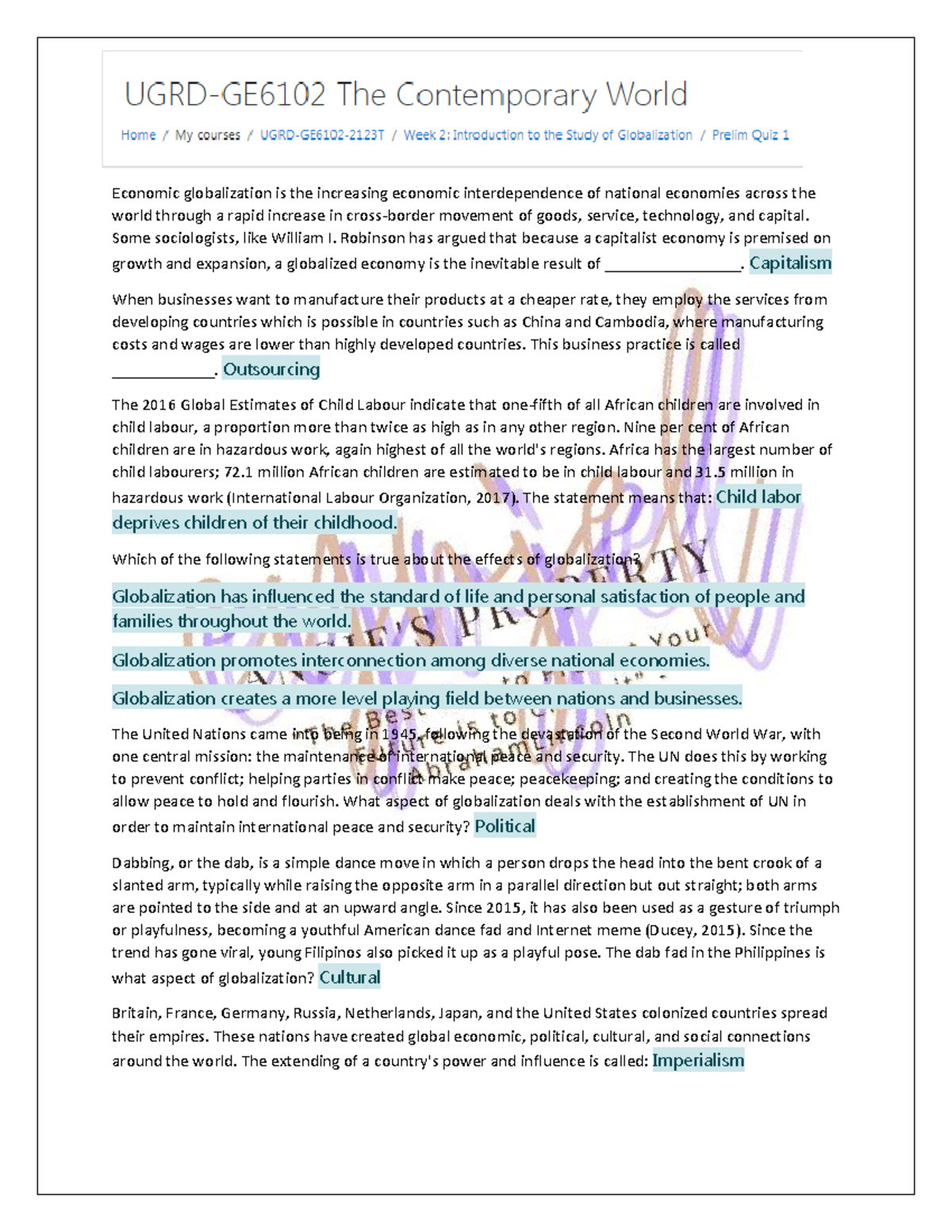 The Contemporary World [Prelim Quiz 1 & 2] - Economic globalization is ...