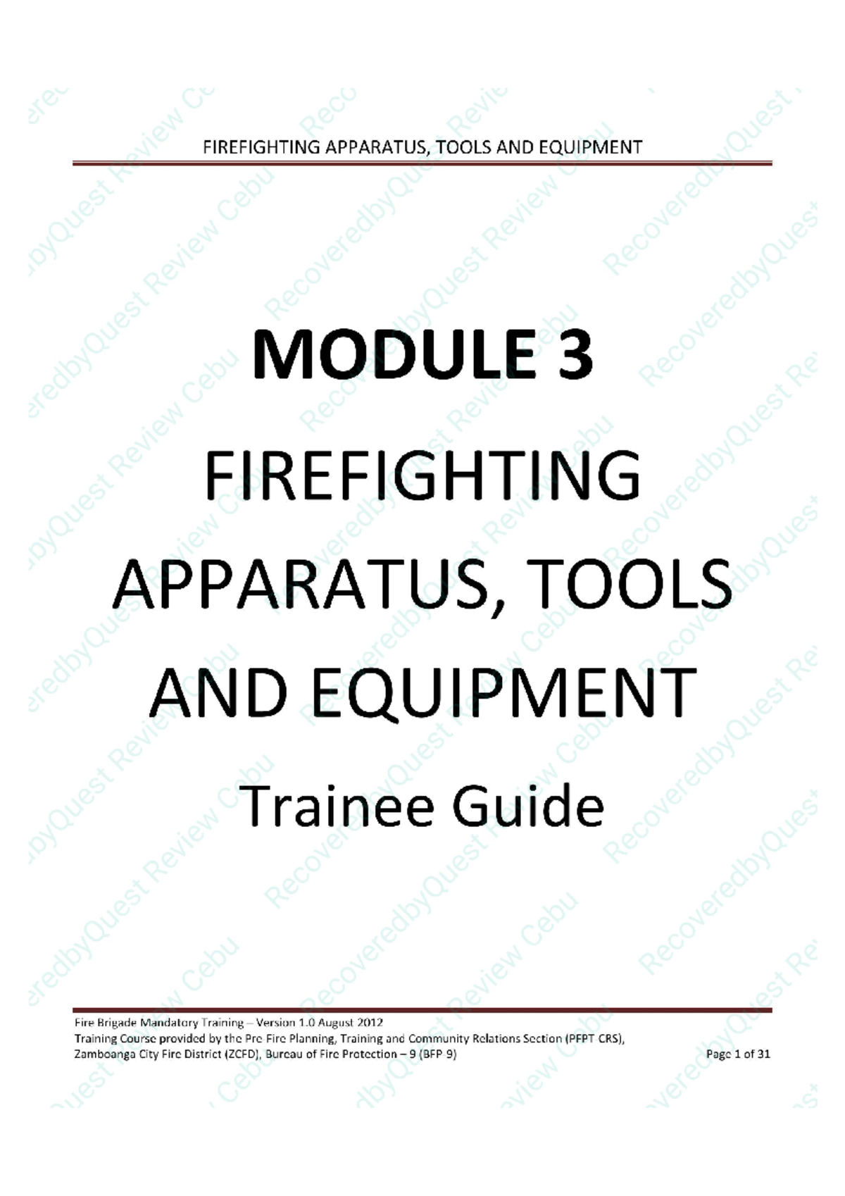 Module 3 Fire Fighting Apparatus Tools and Equipment - Bureau of Fire Protection Modules - Studocu