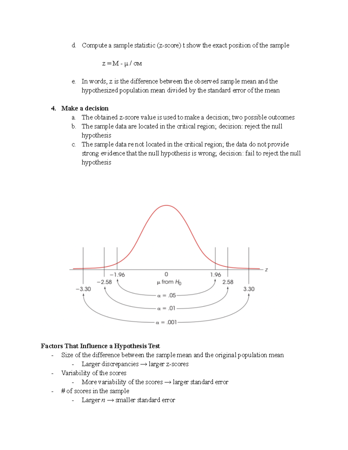 Psych Statistic Notes - d. Compute a sample statistic (z-score) t show ...