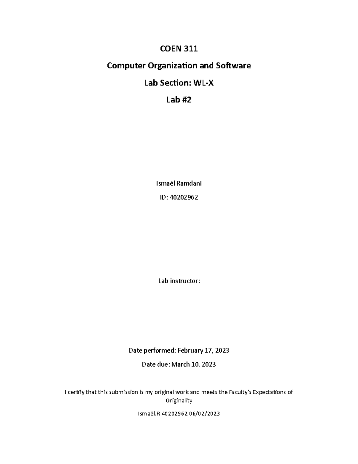 Coen311 lab2 - coen 311 lab 2 report - COEN 311 Computer Organization and Software Lab Section ...