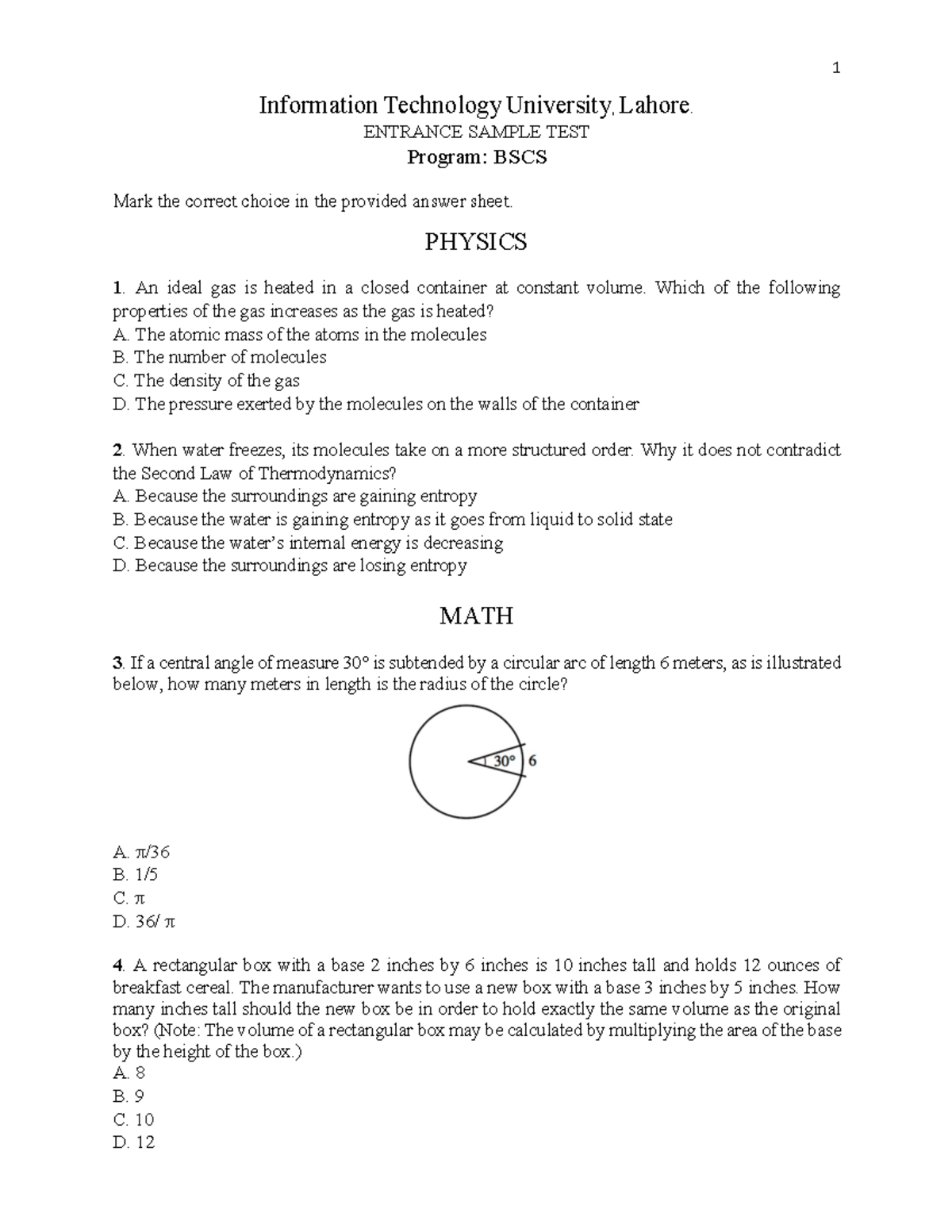 BSCS Sample test paper - 1 Information Technology University , Lahore ...