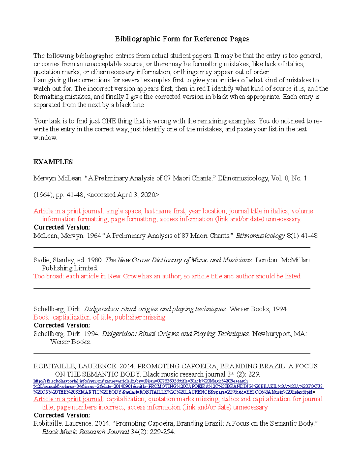 MUS220 Reference Page Formatting Exercise - Bibliographic Form for ...