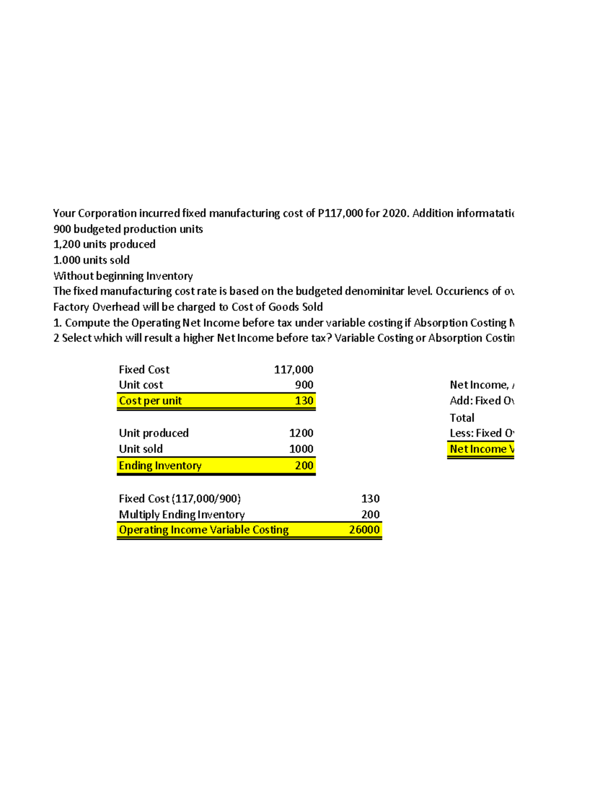 Practice Materials - Fixed Cost 117, Unit cost 900 Net Income ...