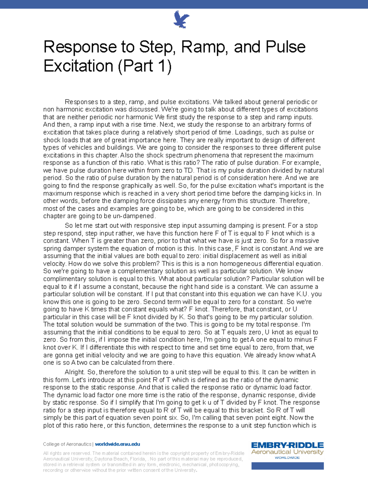 Response to Step, Ramp, and Pulse Excitation (Part 1) - Response to ...