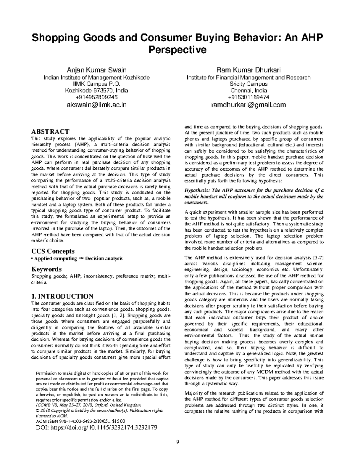 Shopping Goods And Consumer Buying Behavior An AHP Perspective