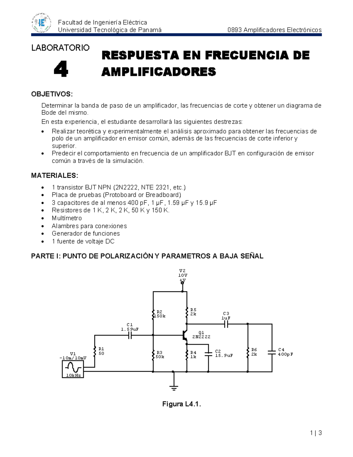 0893 AMP Elect LAB #4 Respuesta en Frecuencia Transistor de Union Bipolar en emisor común ...