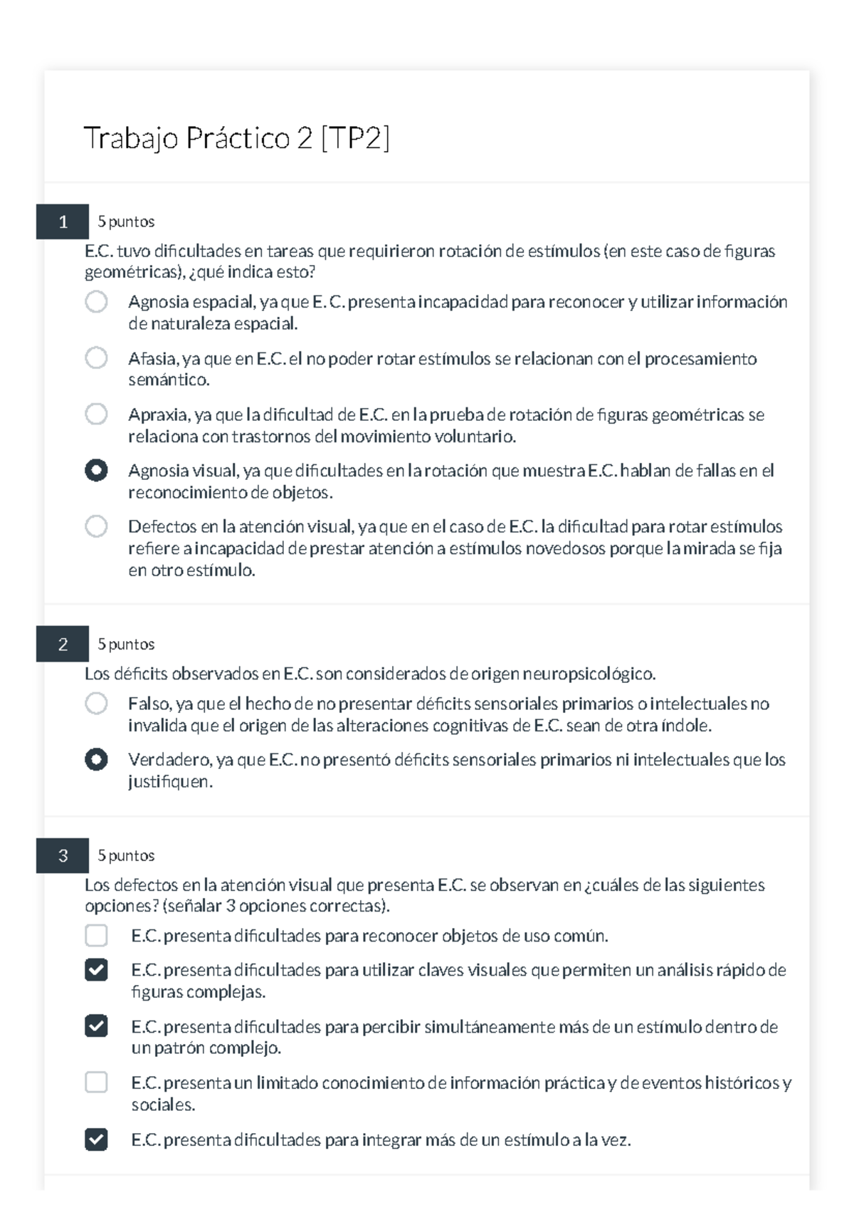 Neuro tp2 80%[TP2] - Trabajo práctico 2 - 5 puntos E. tuvo dicultades en tareas que requirieron ...