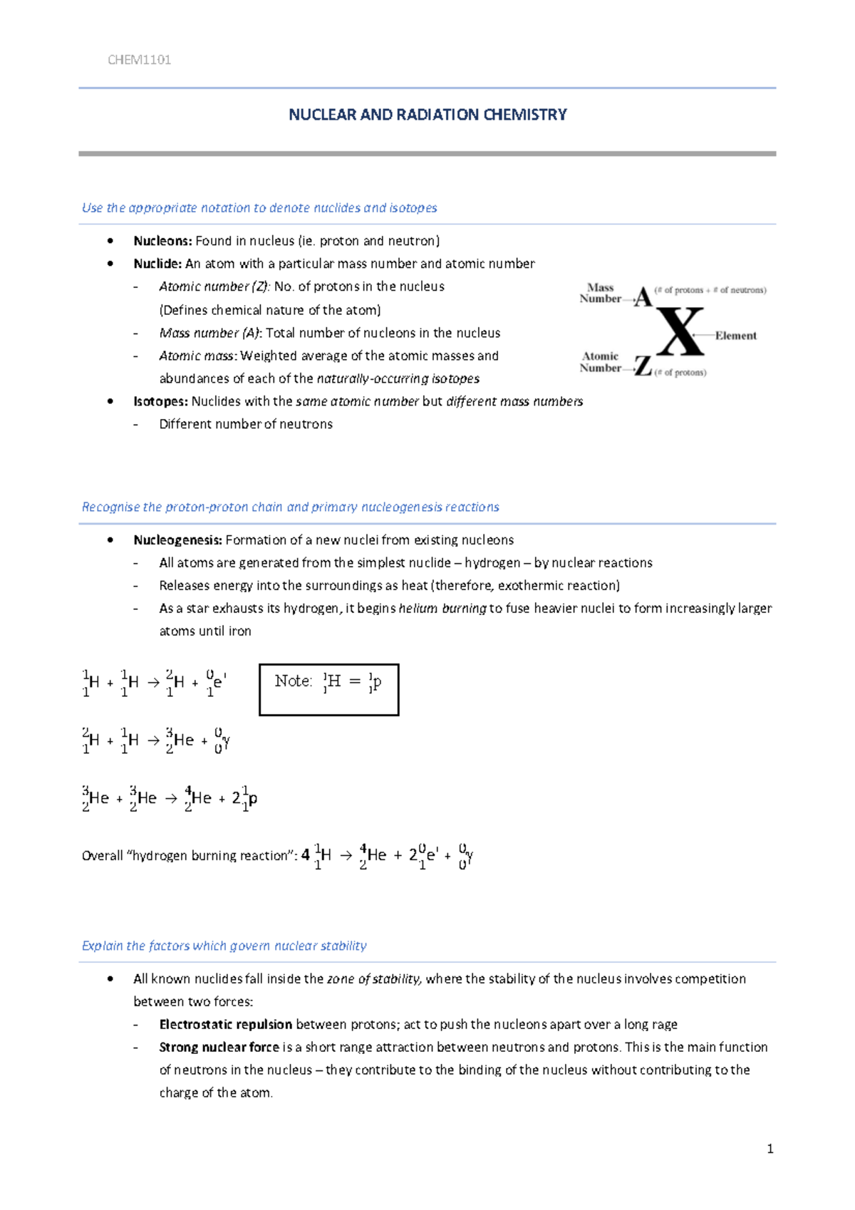 CHEM1101 Notes - NUCLEAR AND RADIATION CHEMISTRY Use the appropriate ...