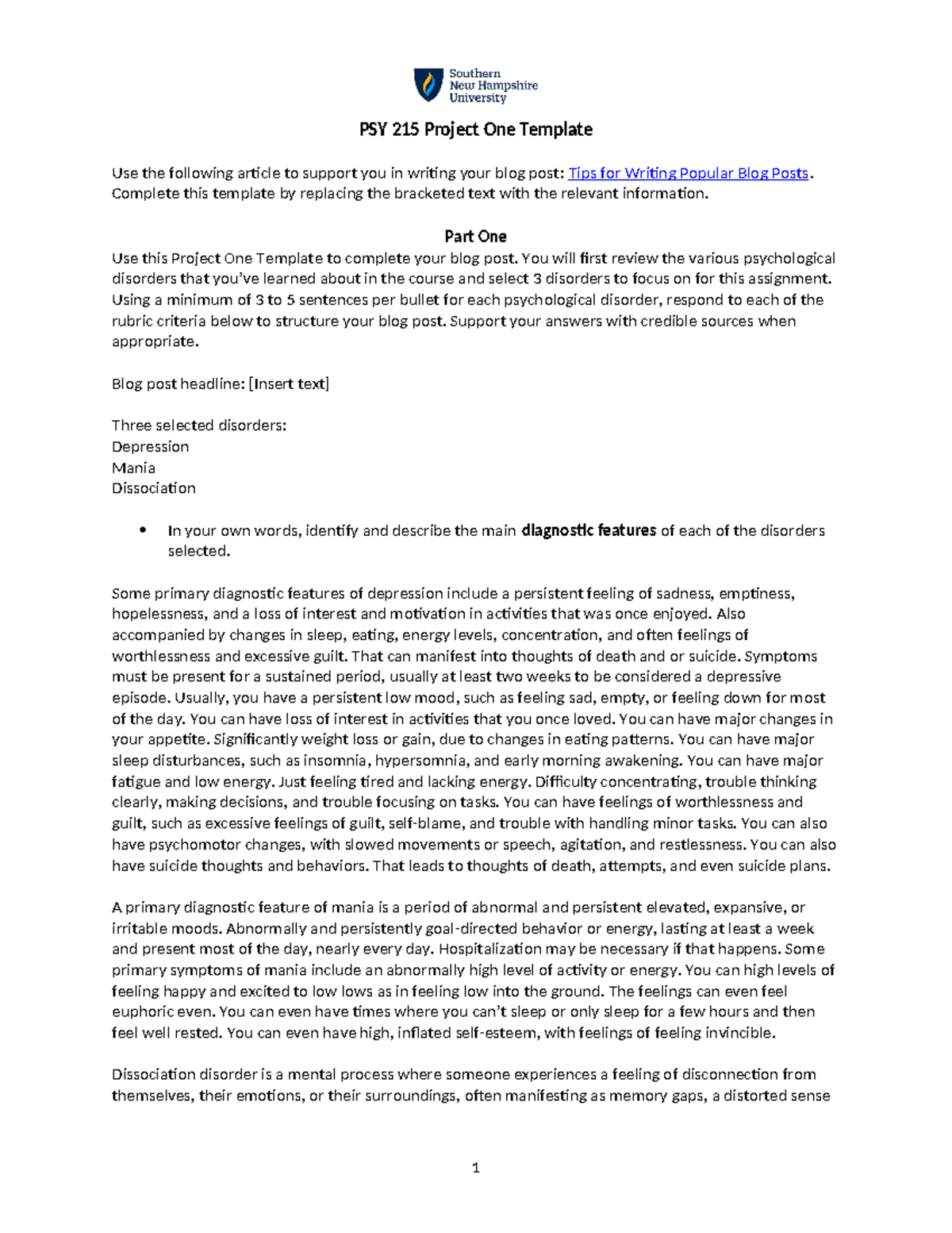 PSY 215 Project One Template - PSY 215 Project One Template Use the ...