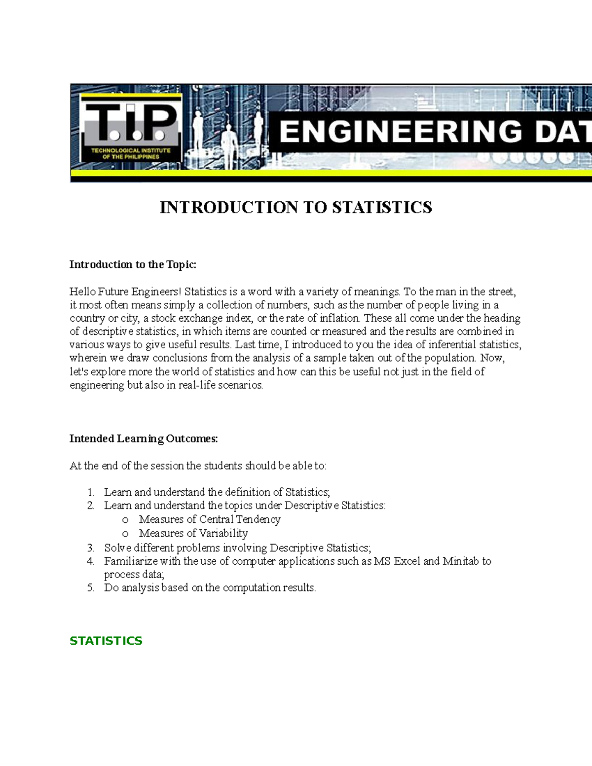 Introduction-TO- Statistics - INTRODUCTION TO STATISTICS Introduction ...