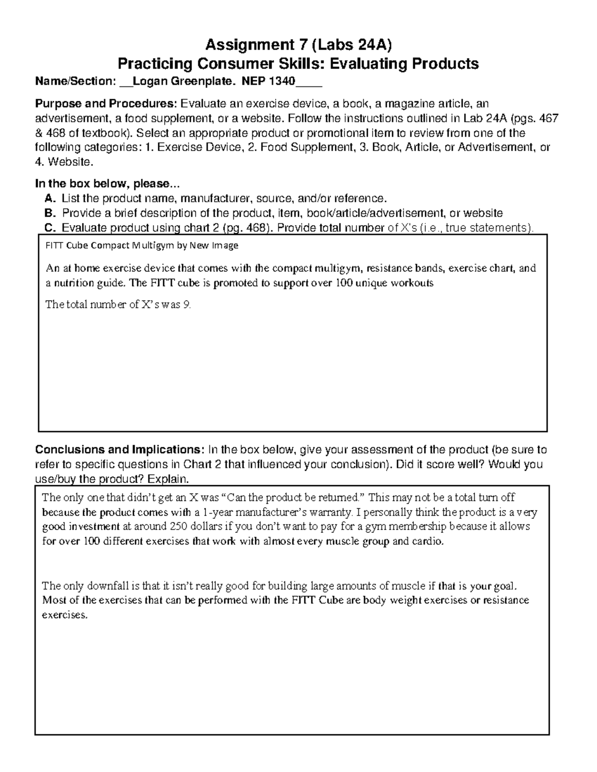 Equipment Evaluation PDF - Assignment 7 (Labs 24A) Practicing Consumer ...