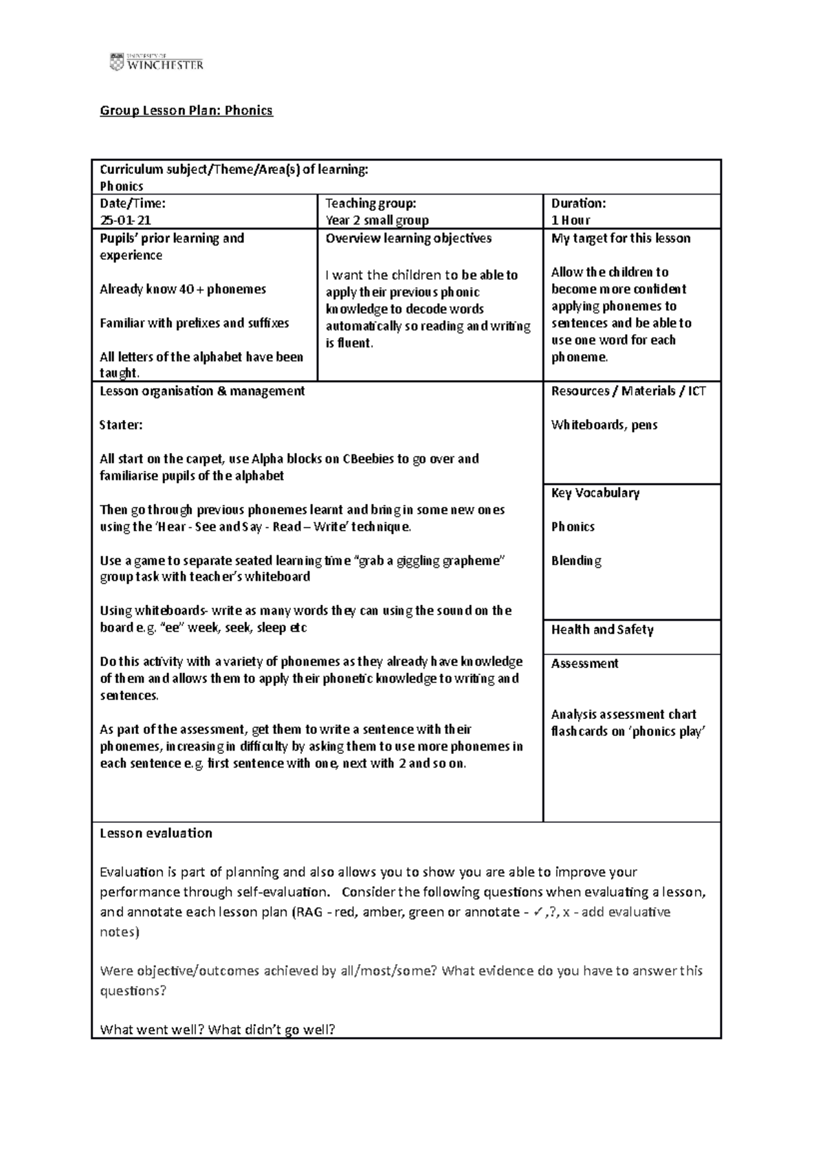 Group Lesson Plan Phonics - Group Lesson Plan: Phonics Curriculum ...