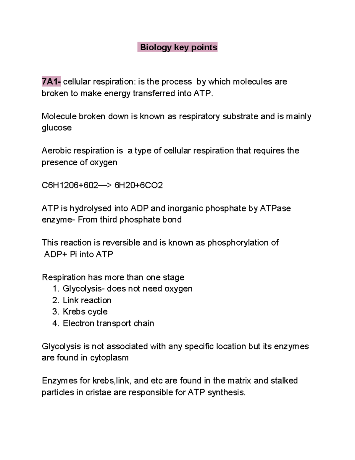 Biology key points - Summary A level bilogy - Biology key points 7A1 ...