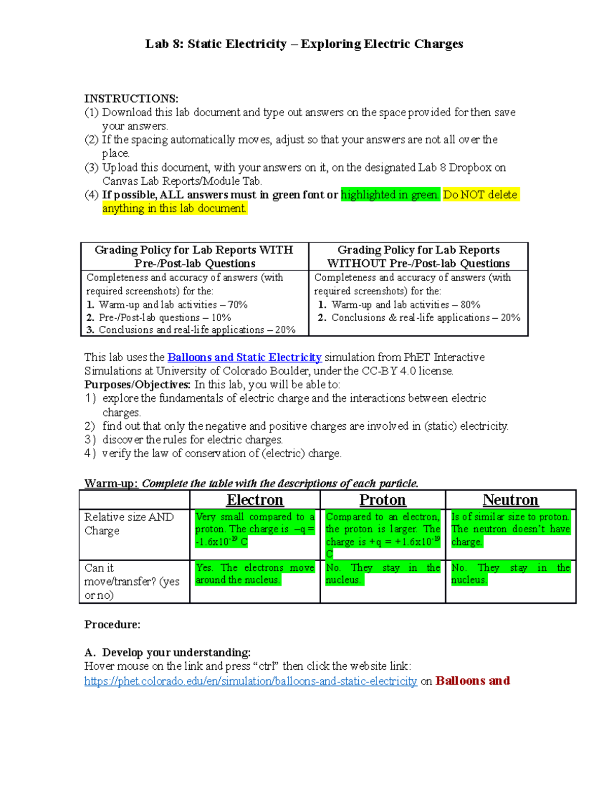 Lab 8 Static Electricity Phys 1115 Instructions 1 Download This Lab Document And Type Out