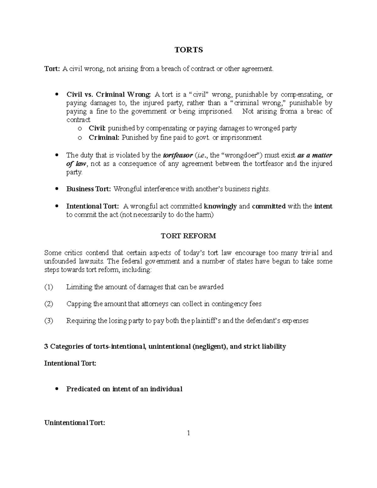 Intentional+Torts+Student+Outline - TORTS Tort: A civil wrong, not ...