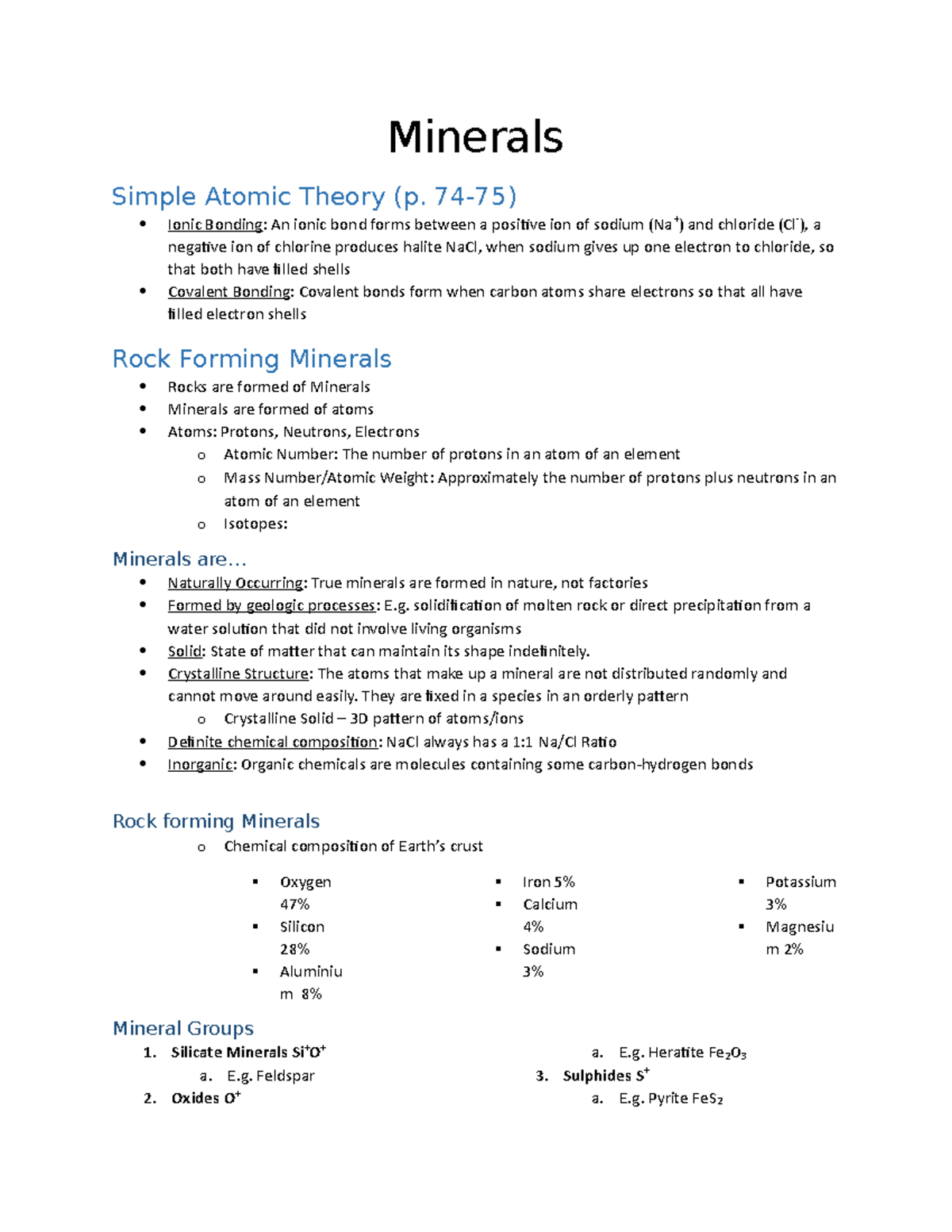 Minerals - notes - Minerals Simple Atomic Theory (p. 74-75) Ionic ...