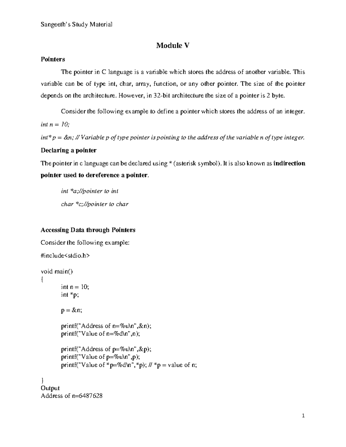 Mod 5c - Includes Pointers, its types and related programs - Module V Pointers The pointer in C ...