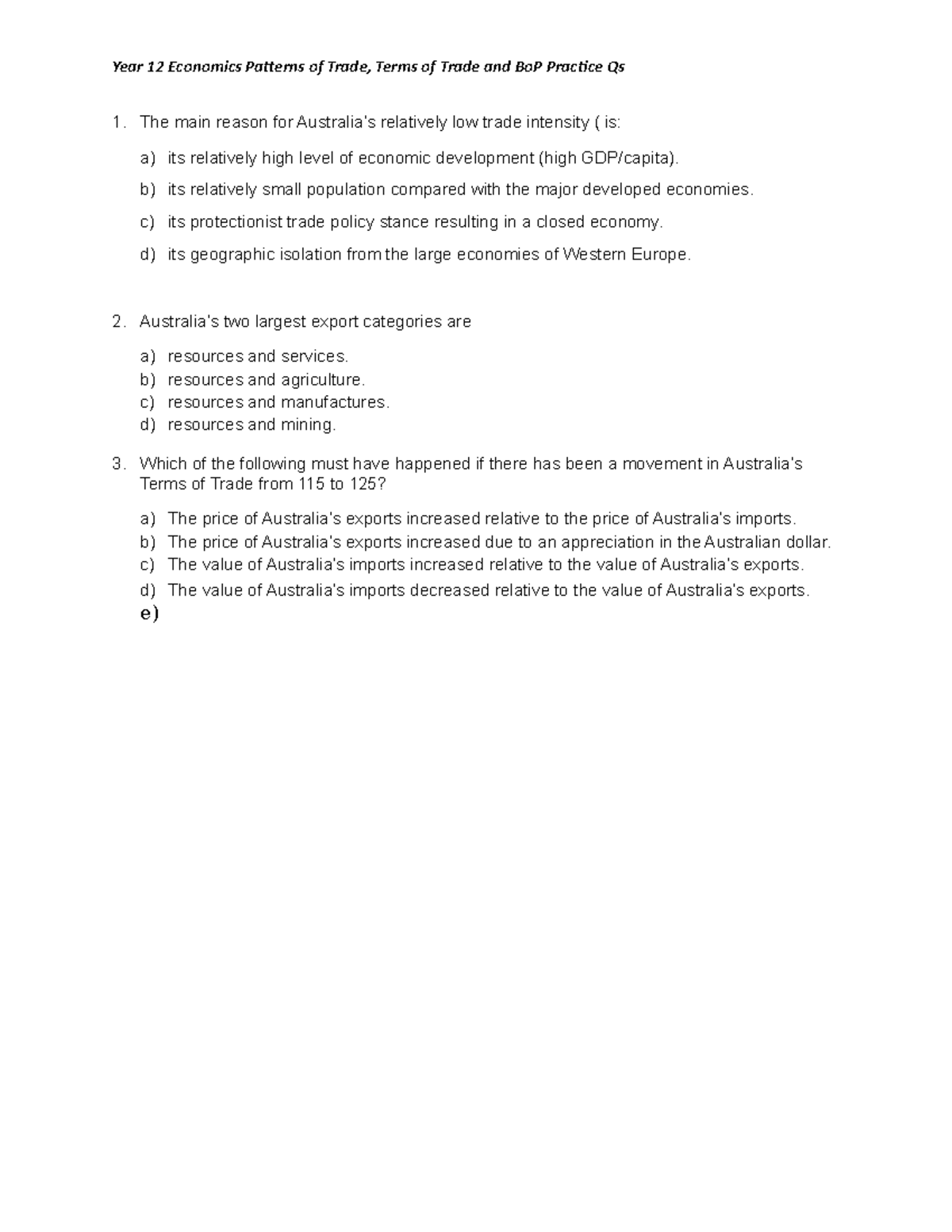 Patterns of Trade, Terms of Trade and Bo P Practice Qs - Year 12 ...