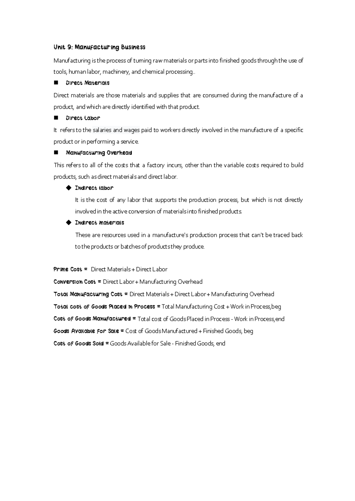 Unit 9 manufacturing business - Unit 9: Manufacturing Business ...