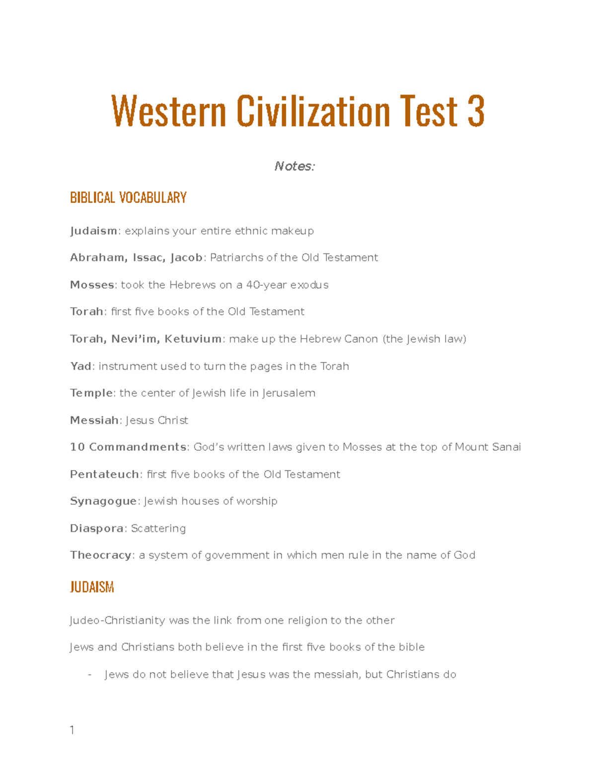 Western Civ Test 3 Notes - Western Civilization Test 3 Notes: BIBLICAL ...