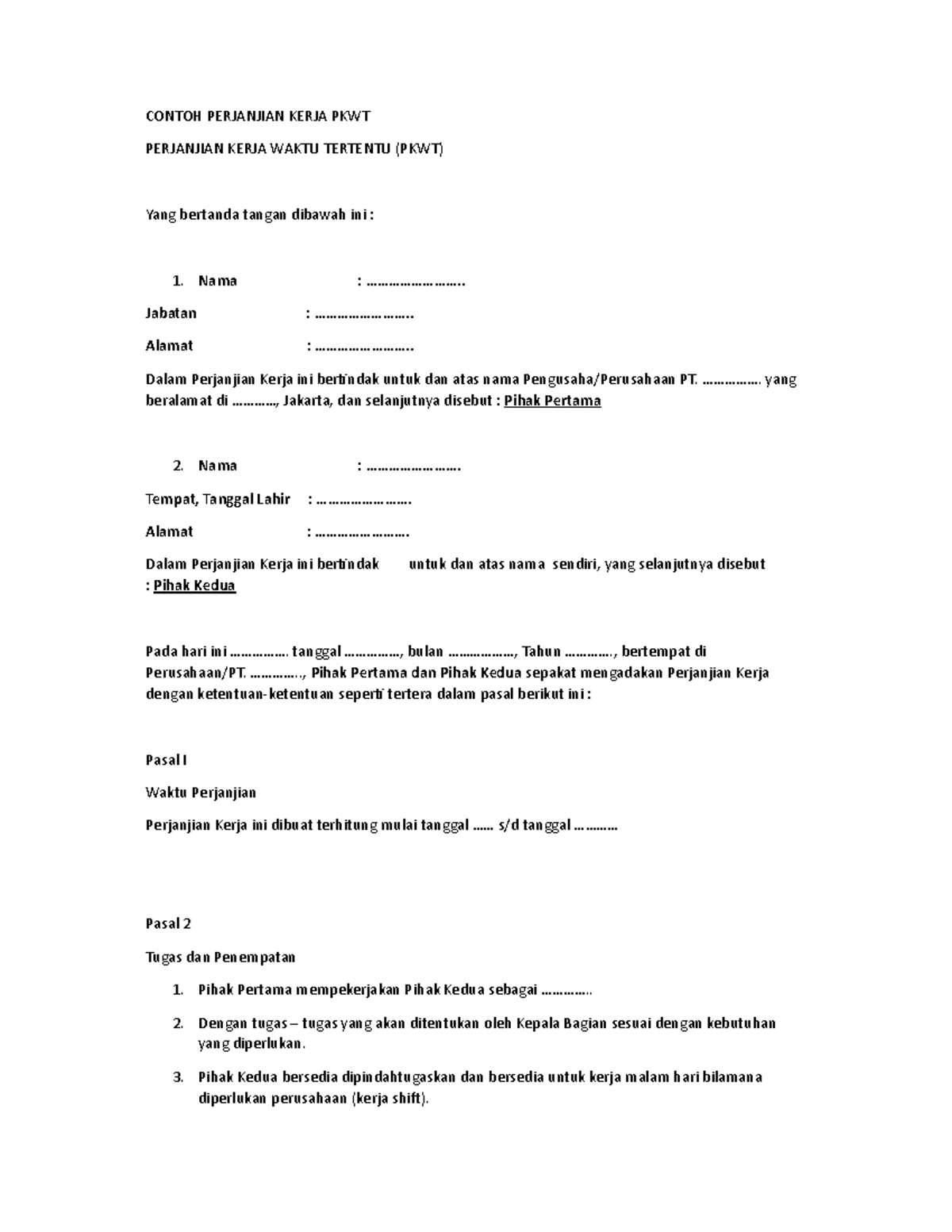 Contoh kotrak pkwt - CONTOH PERJANJIAN KERJA PKWT PERJANJIAN KERJA ...