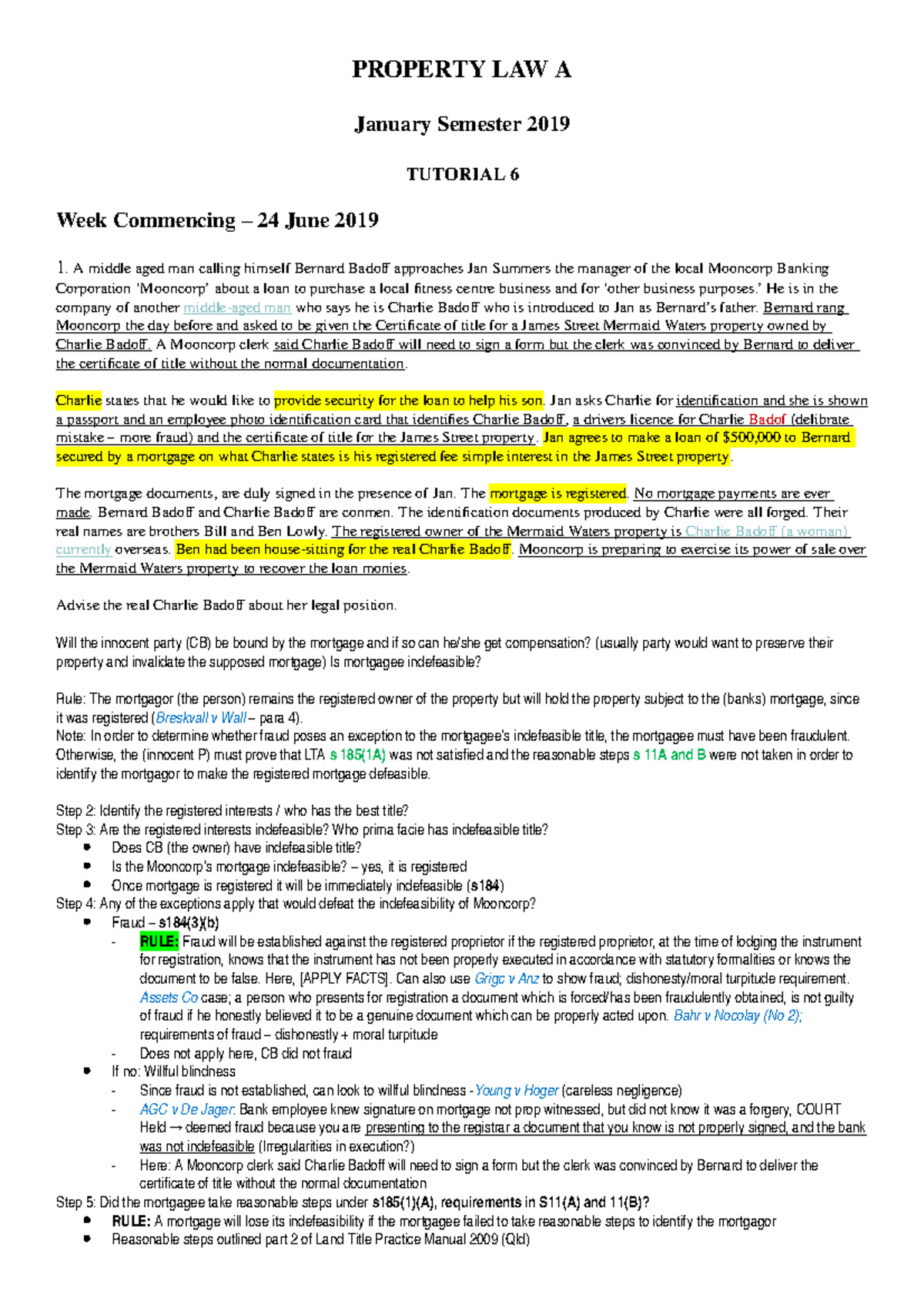 Week 7 Tutorial - PROPERTY LAW A January Semester 2019 TUTORIAL 6 Week ...