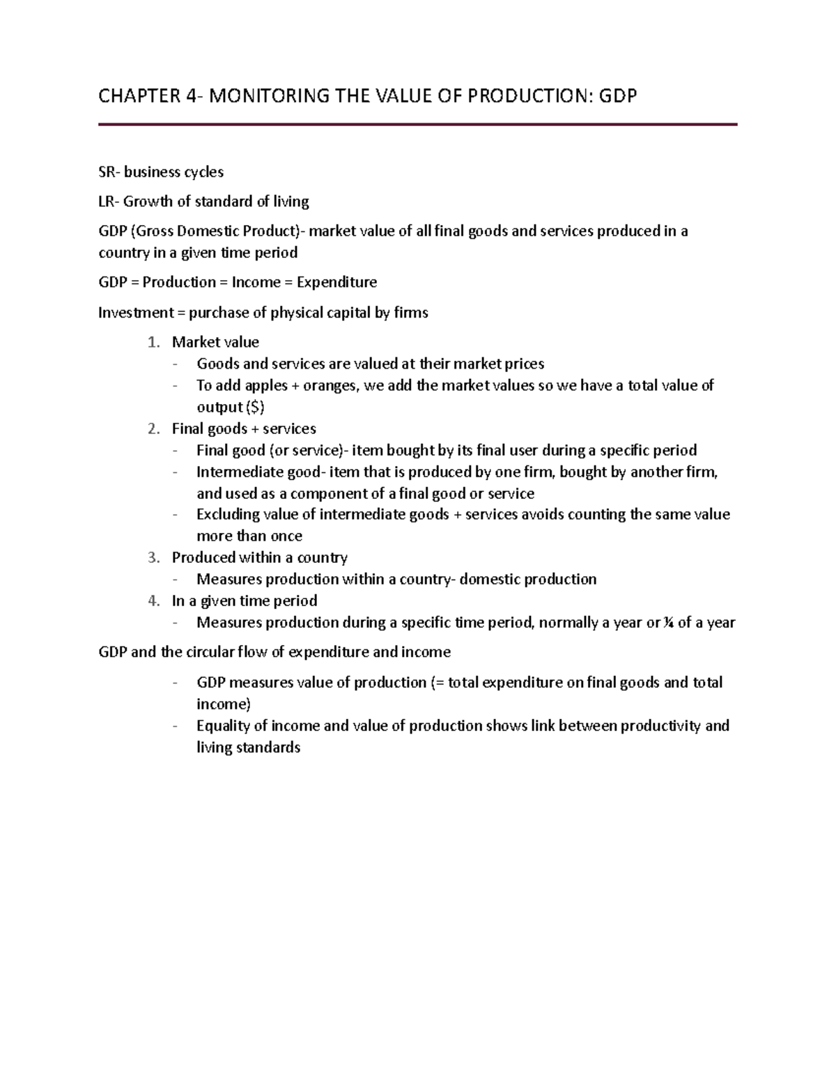Chapter 4 ppt - CHAPTER 4- MONITORING THE VALUE OF PRODUCTION: GDP SR- business cycles LR ...