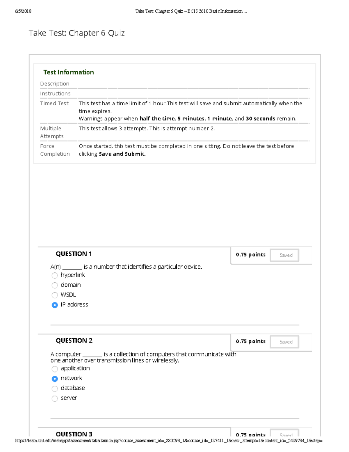 UNT - BCIS 3610 Chapter 6 Quiz Review - Take Test: Chapter 6 Quiz BCIS ...