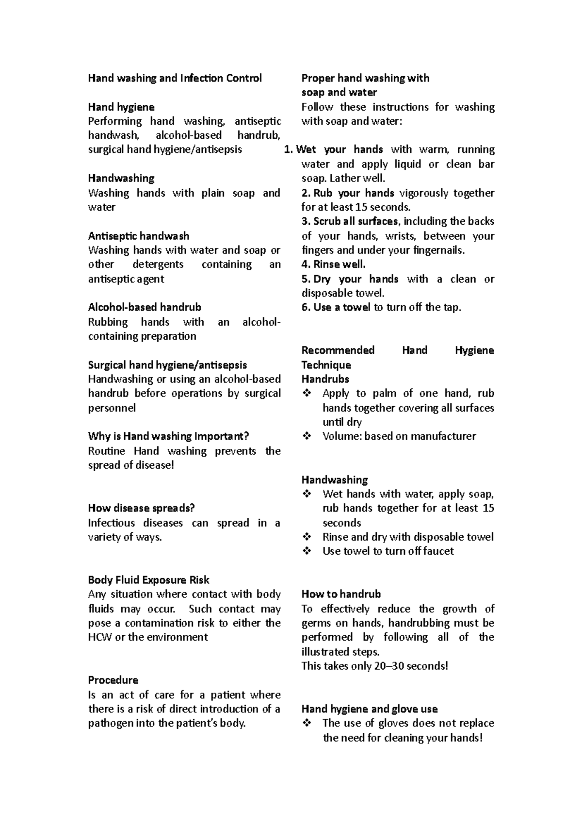 Hand washing - Notes - Hand washing and Infection Control Hand hygiene ...