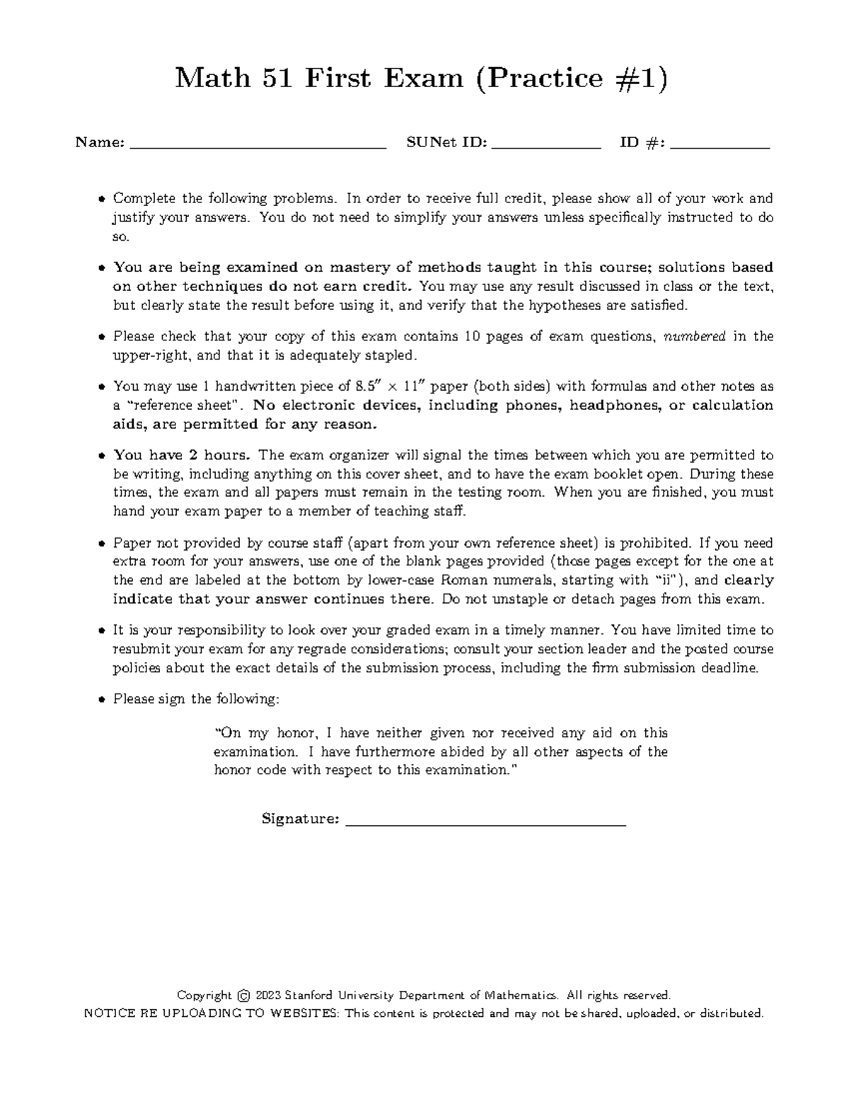 MATH51 Practice Exam 1 - Math 51 First Exam (Practice #1) Name: SUNet ...
