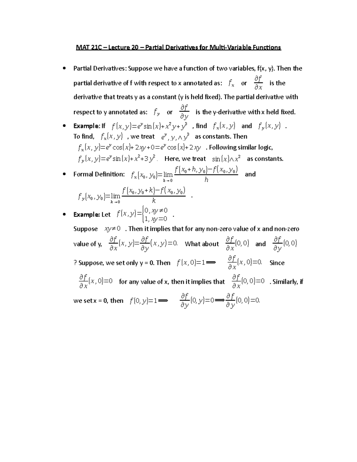 Mat 21c Lecture 20 Partial Derivatives For Multi Variable Functions Mat 21c Lecture 20