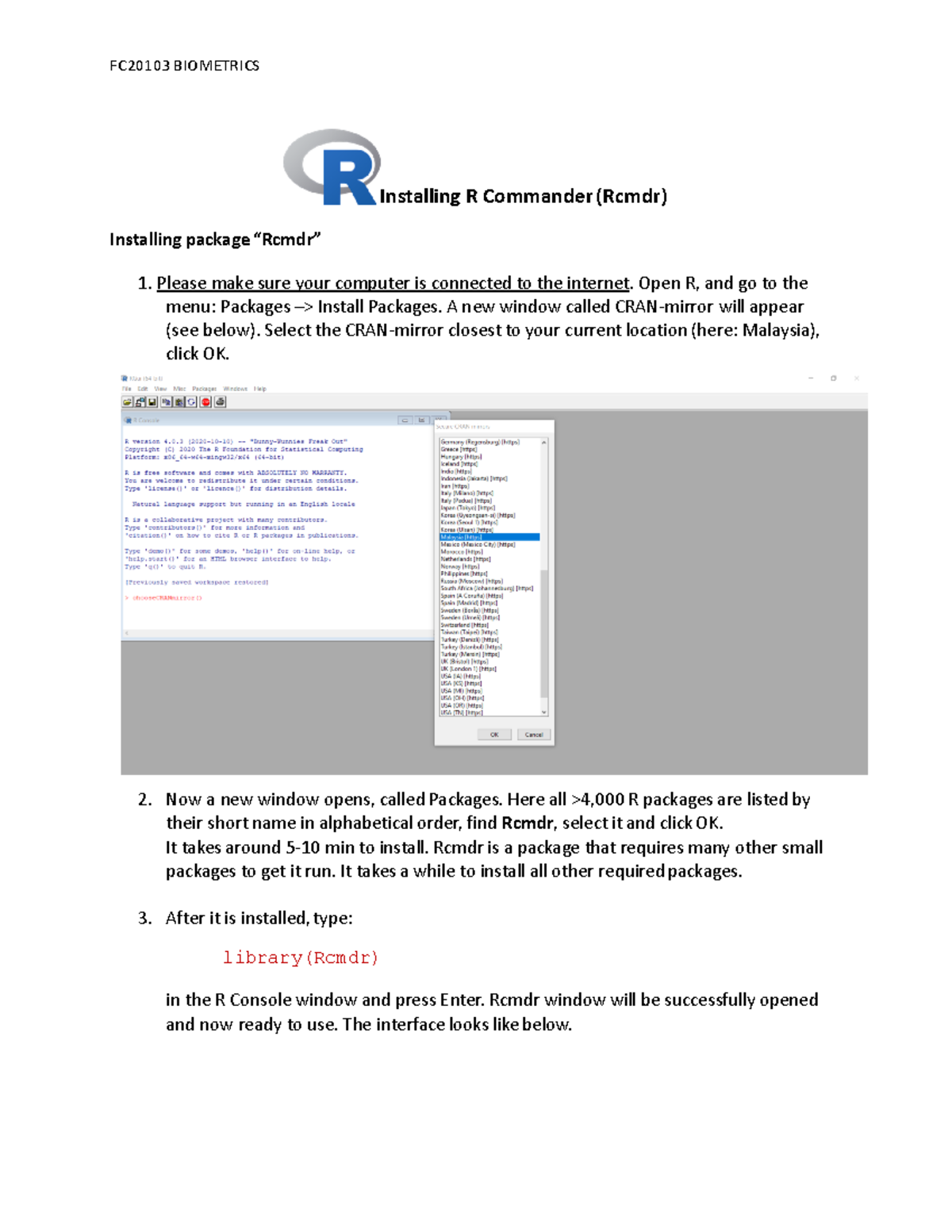 How to Install Rcmdr 2020 - FC20103 BIOMETRICS Installing R Commander (Rcmdr) Installing - Studocu