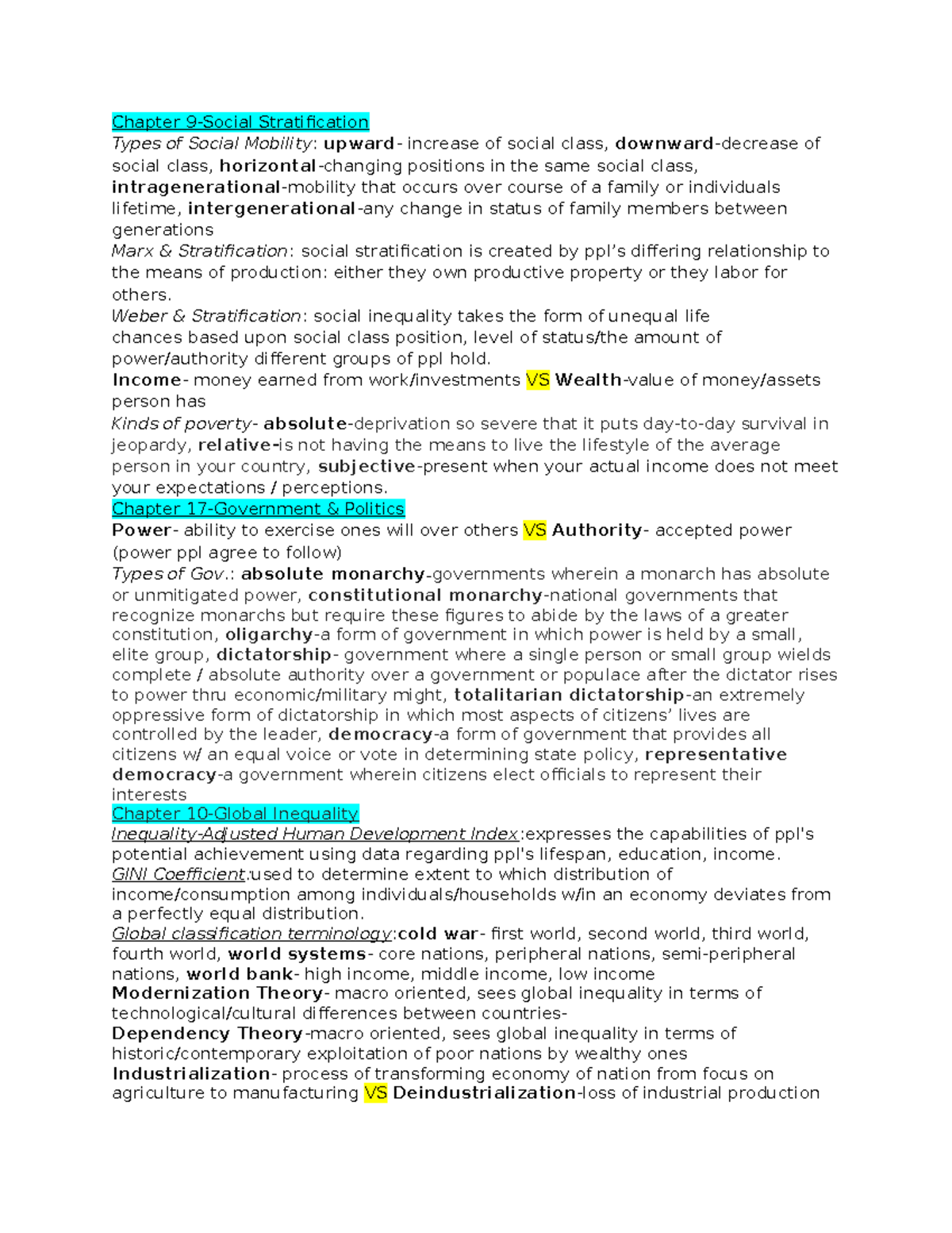 Sociology Final Cheat Sheet - Chapter 9-Social Stratification Types of ...