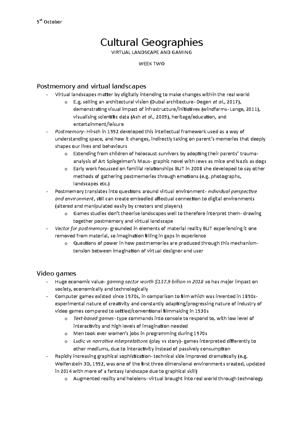 Week two - postmemory and virtual landscapes - 9 th October Cultural Geographies VIRTUAL ...