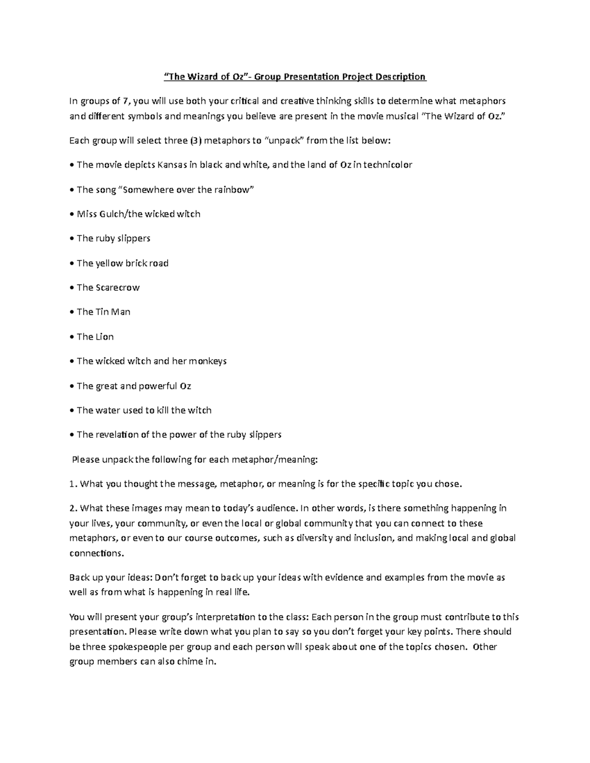 The Wizard of Oz group presentation 1 - “The Wizard of Oz”- Group ...