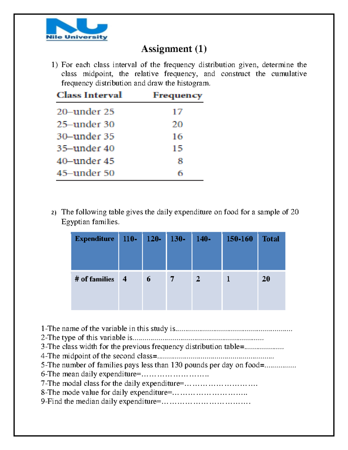 Assignment 1 (Statistics) - Assignment (1) For each class interval of ...