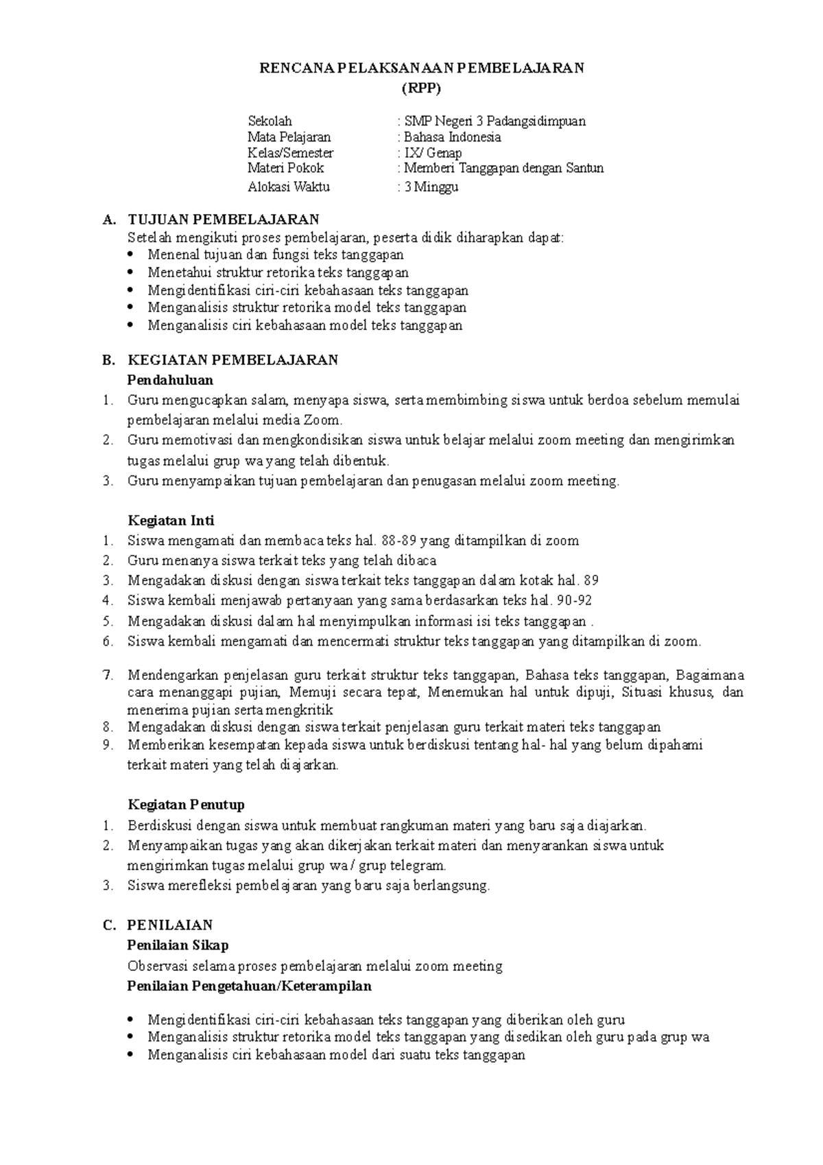 RPP 1 - rpp bahasa indonesia kelas 9 - RENCANA PELAKSANAAN PEMBELAJARAN ...