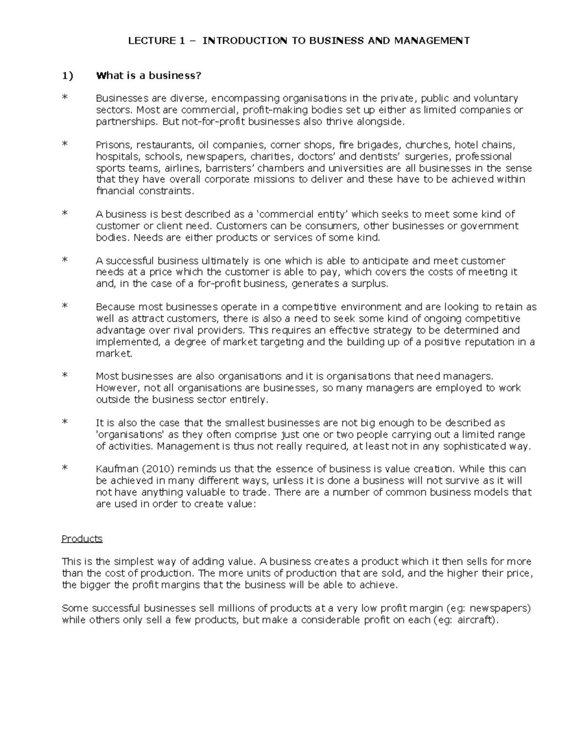 L1 side notes - LECTURE 1 – INTRODUCTION TO BUSINESS AND MANAGEMENT 1 ...