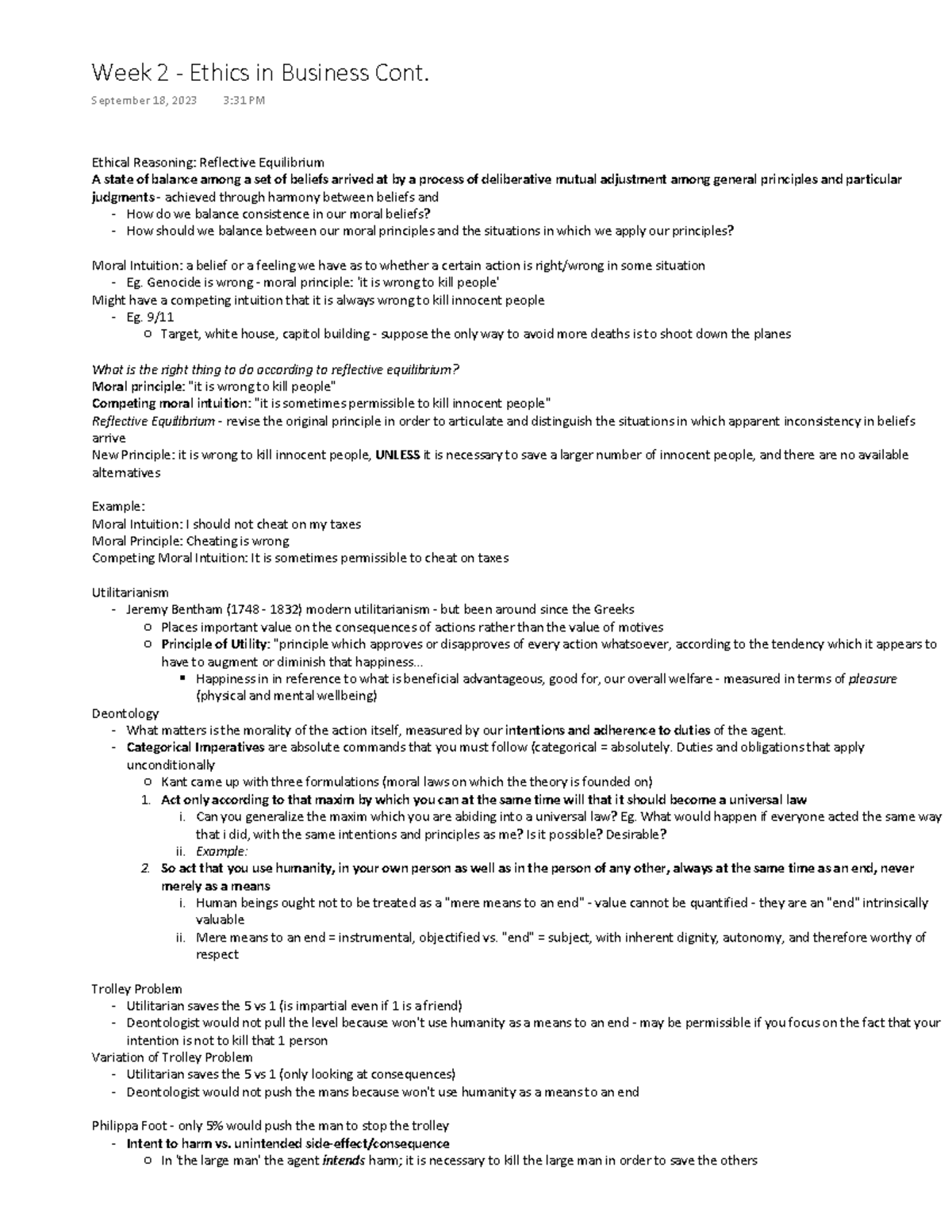 Week 2 Business Ethics Notes 2074F - Ethical Reasoning: Reflective ...