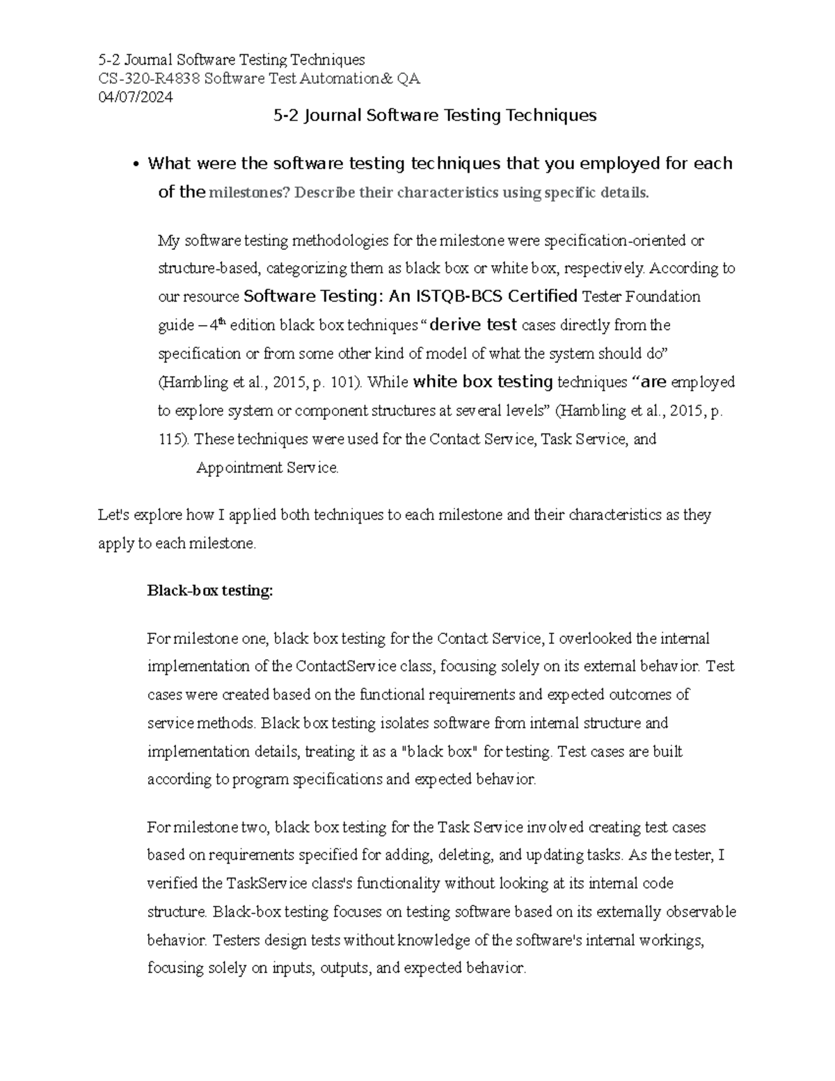 5 2 Journal Software Testing Techniques Cs 320 R4838 Software Test Automationand Qa 04 07 5 2