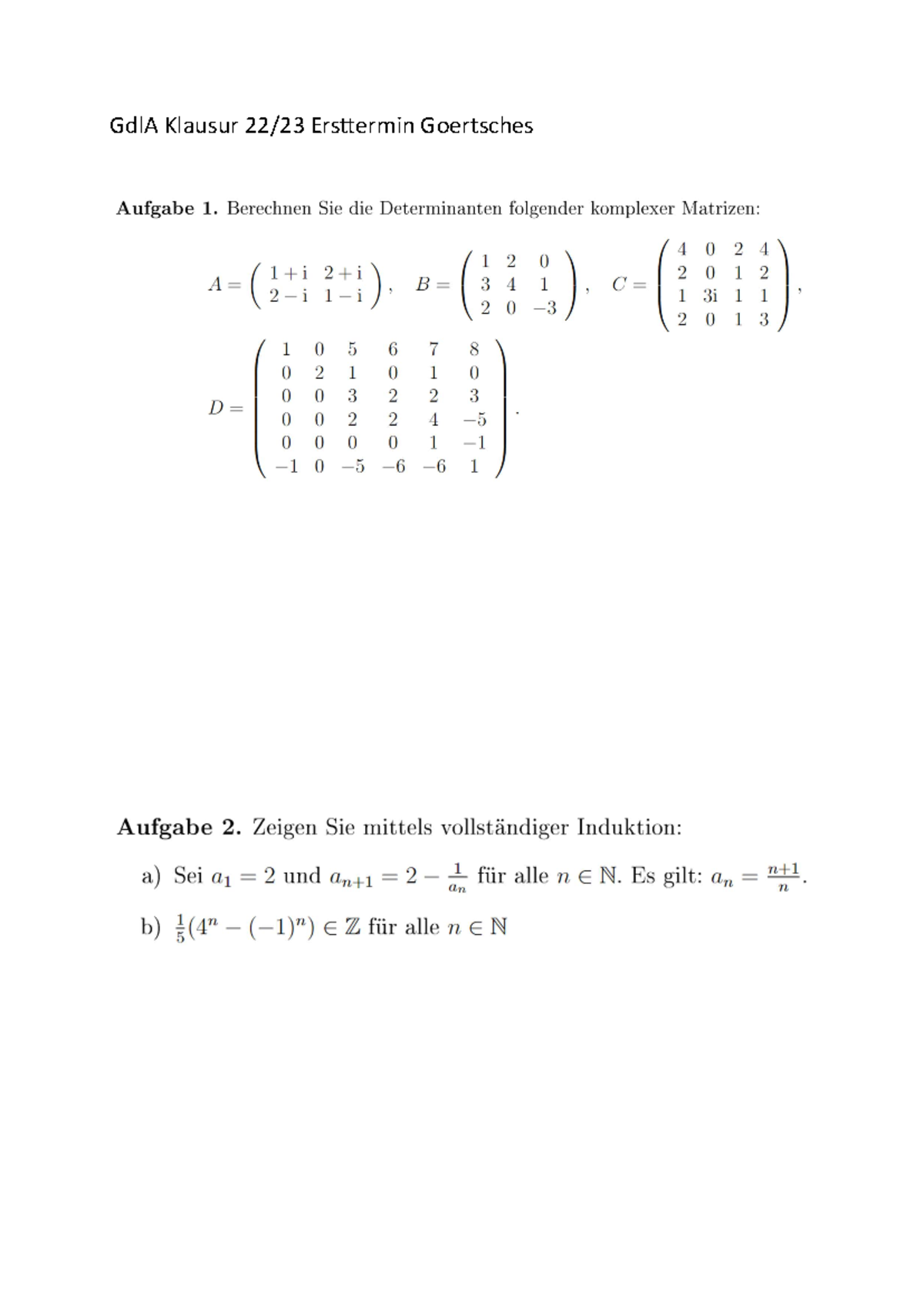 Altklausur GdlA - Grundlagen der Linearen Algebra - GdlA Klausur 22/23 ...