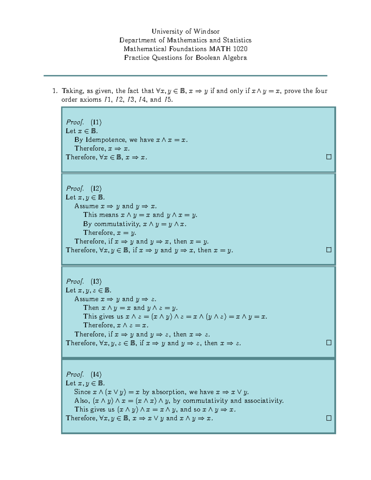 Boolean Algebra Solutions - University of Windsor Department of ...